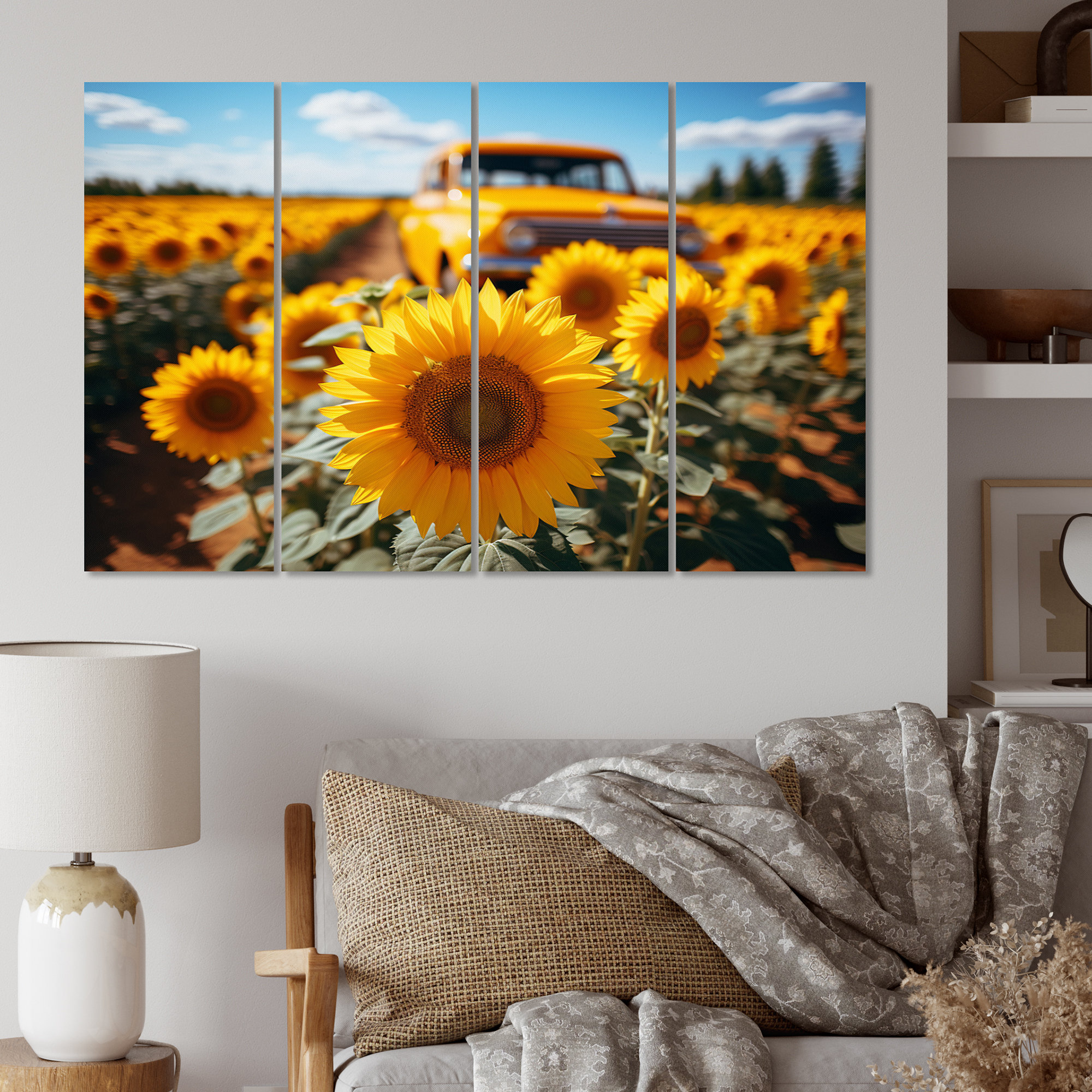 August Grove® Sunflowers Field Vibrant Yellow I - Floral Canvas Wall Art - 4 Panels | Wayfair